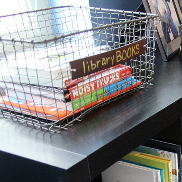 Library Book Basket with a Leather Label - Blue i Style